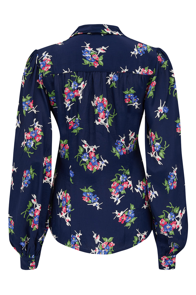 "Eva" Blouse in Navy Floral Dancer, Classic 1940's Style Long Sleeve w – Rock n Romance