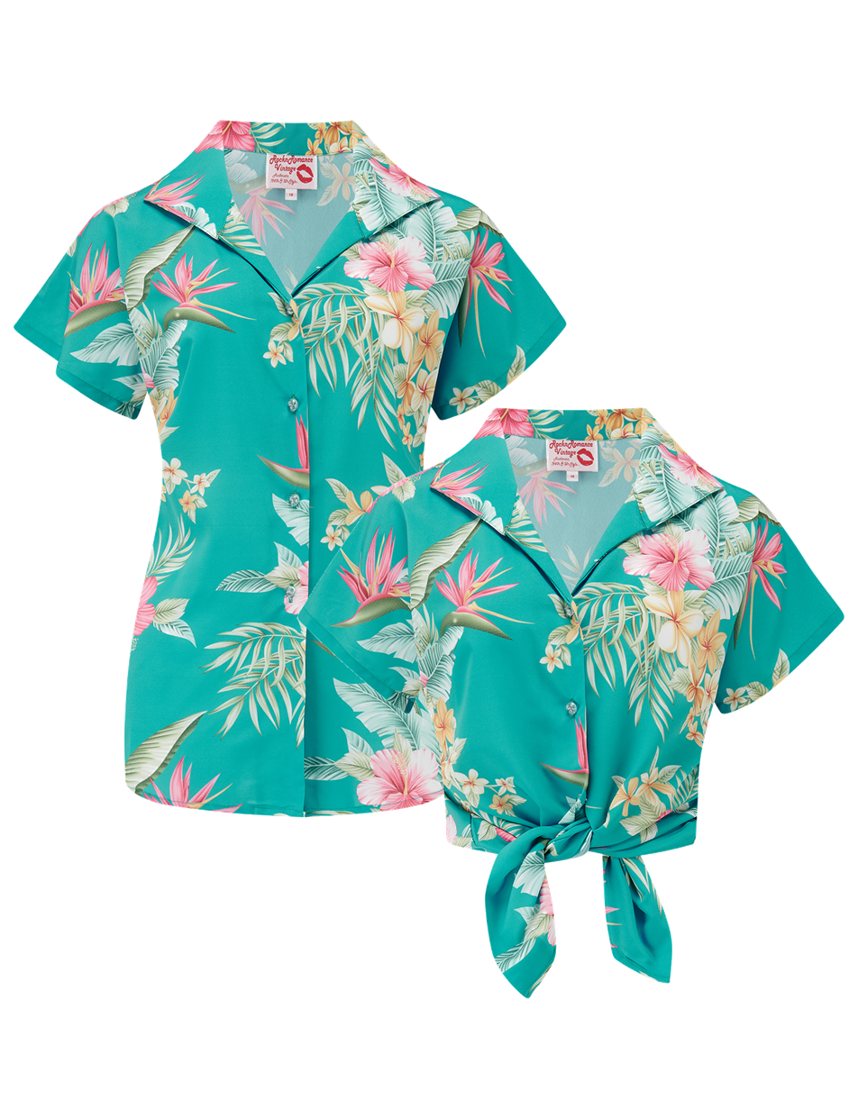 **Sample Sale** Tuck in or Tie Up "Maria" Blouse in Teal Honolulu Prin – Rock n Romance