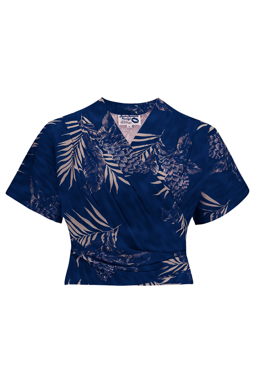 The "Darla" Short Sleeve Wrap Blouse in Sapphire Palm Print, True Vint ...