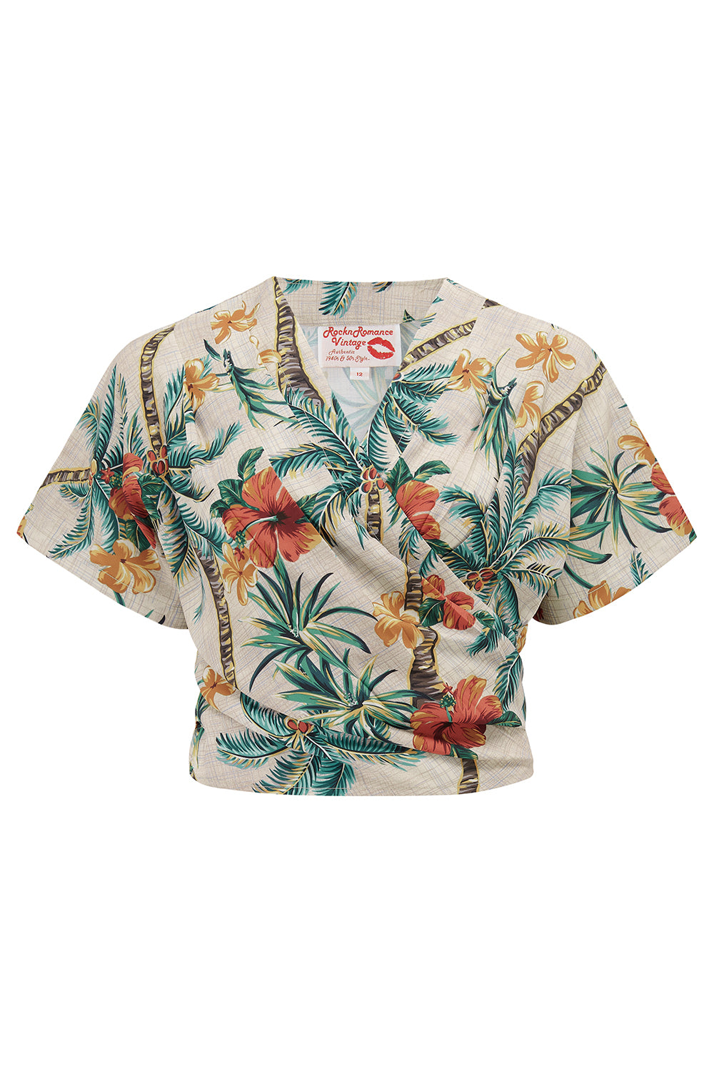 The "Darla" Short Sleeve Wrap Blouse in Tiki Palm Print, True 50s Vint ...