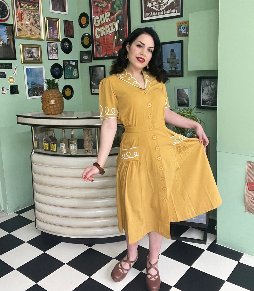 The "Loopy-Lou" Shirtwaister Dress in Mustard with Contrast RicRac, Tr ...