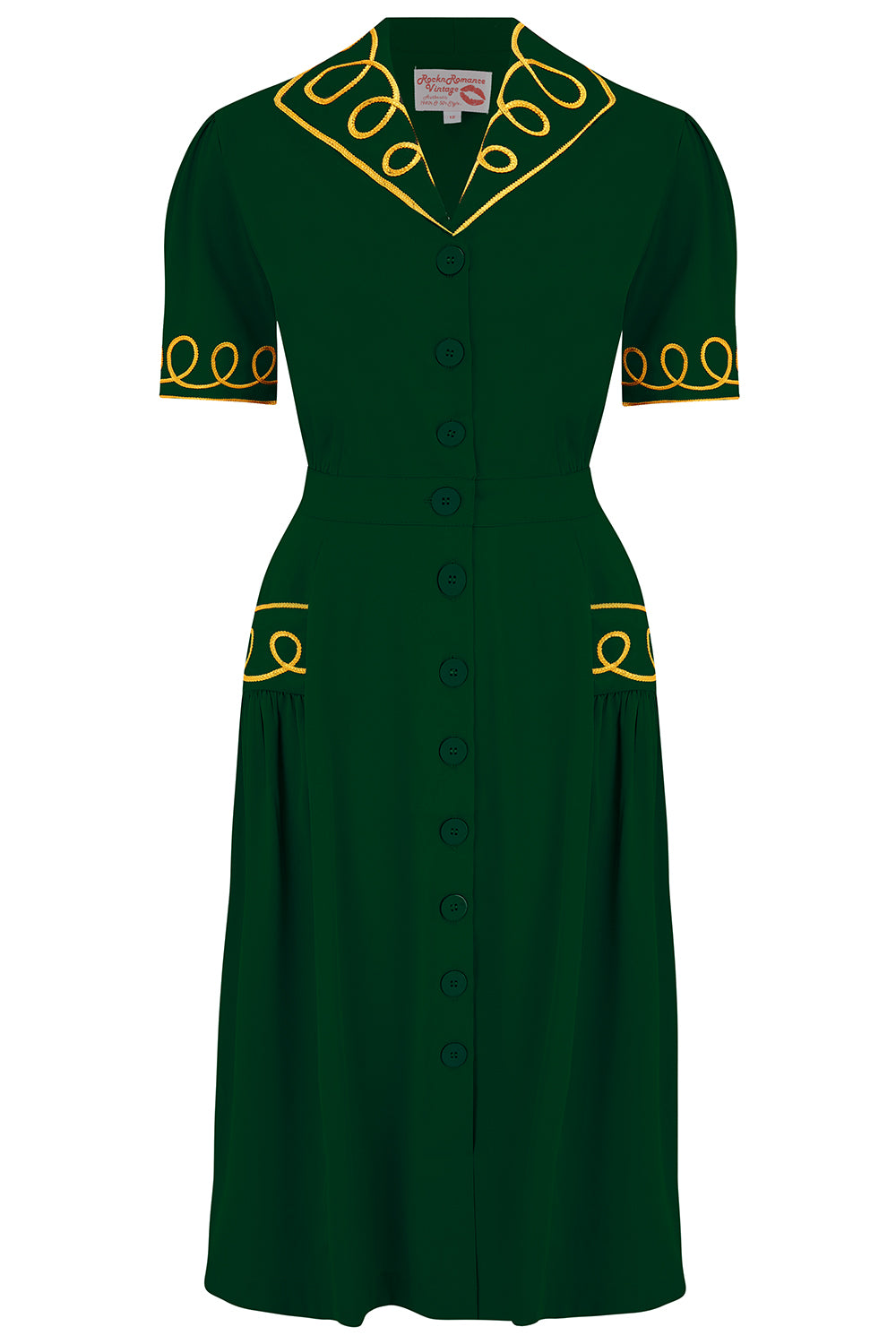 The "Loopy-Lou" Shirtwaister Dress in Green with Contrast Gold RicRac ...
