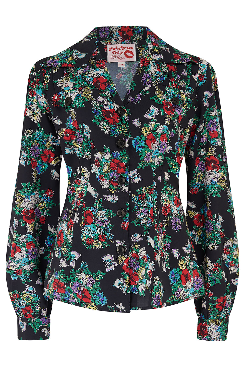 The "Polly" Long Sleeve Blouse in Secret Garden Print, Classic 1940s V ...
